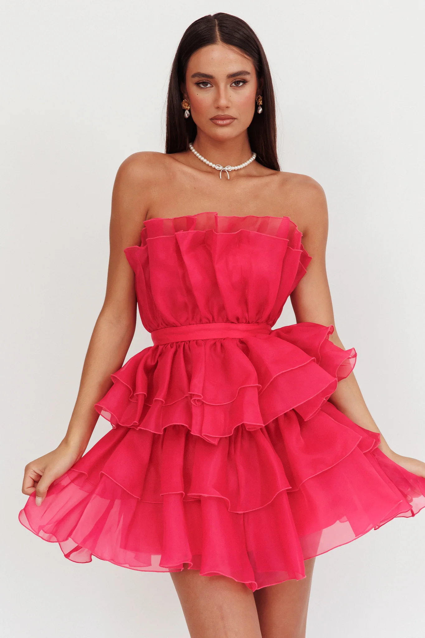 Bon Bon Tiered Chiffon Mini Dress Fuchsia - Selfie Leslie