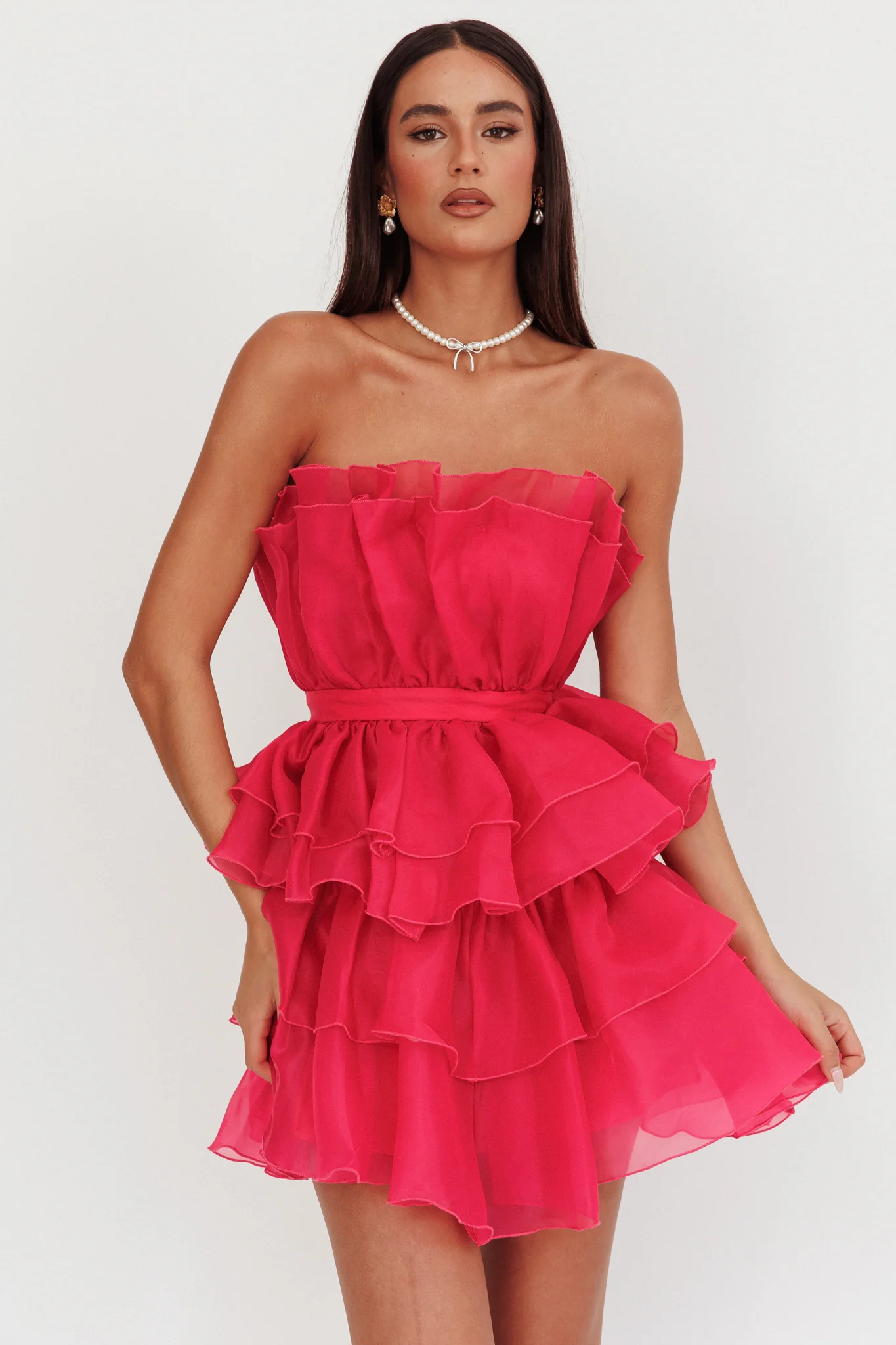 Bon Bon Tiered Chiffon Mini Dress Fuchsia - Selfie Leslie