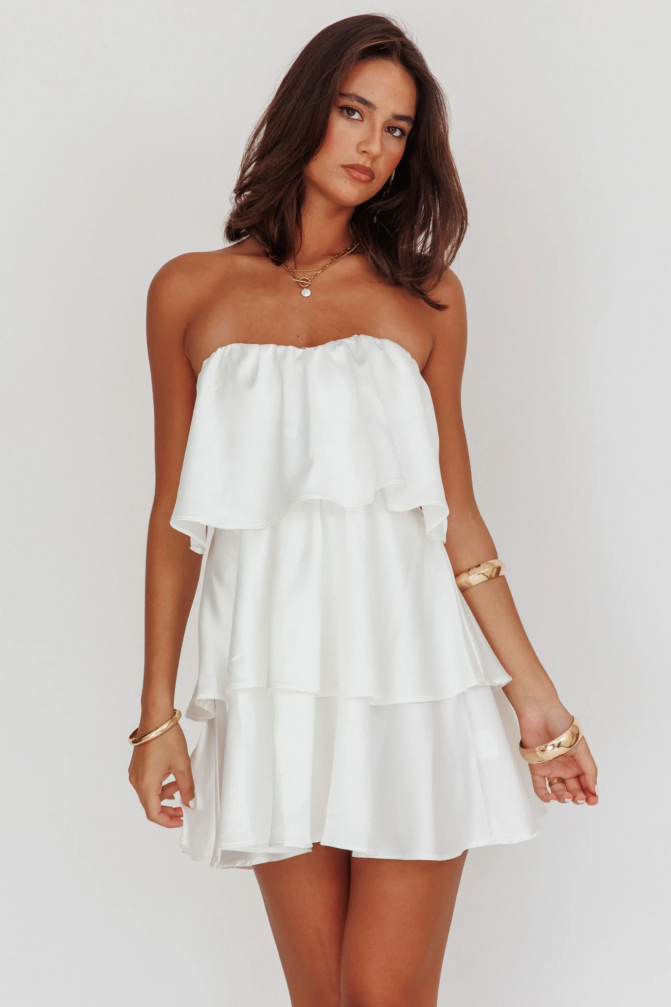 Behati Tiered Layer Strapless Dress White - Online Dress Boutique