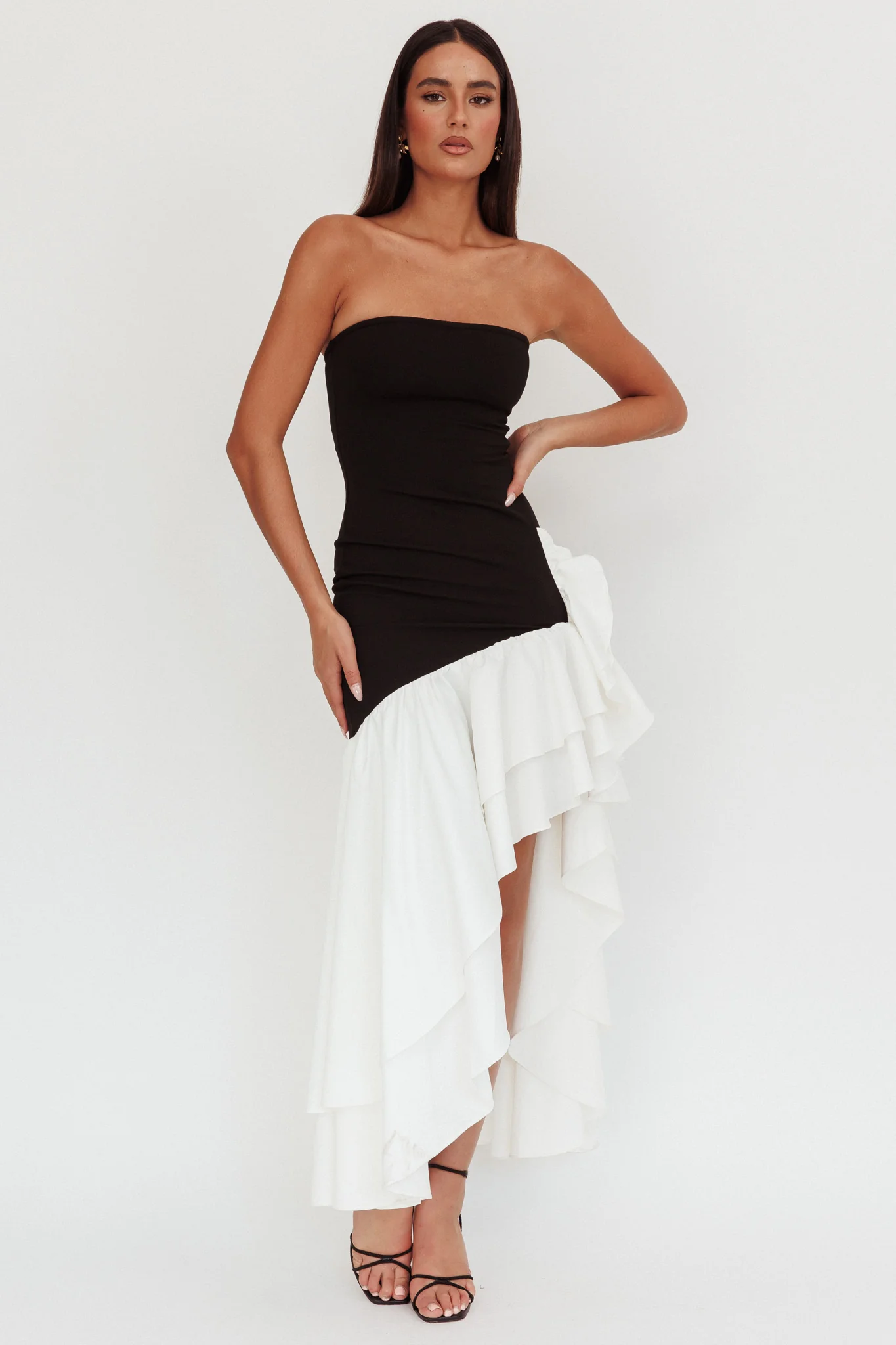 Cha Cha Strapless Thigh Split Dress Black/White - Online Dress Boutique