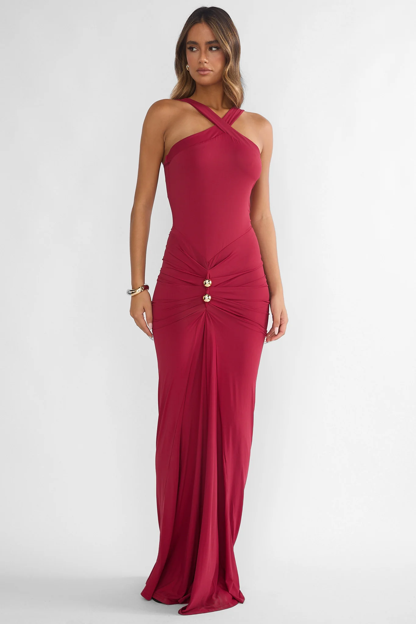 Delaina Ruched Waist Gold Accent Maxi Dress Wine - Online Dress Boutique