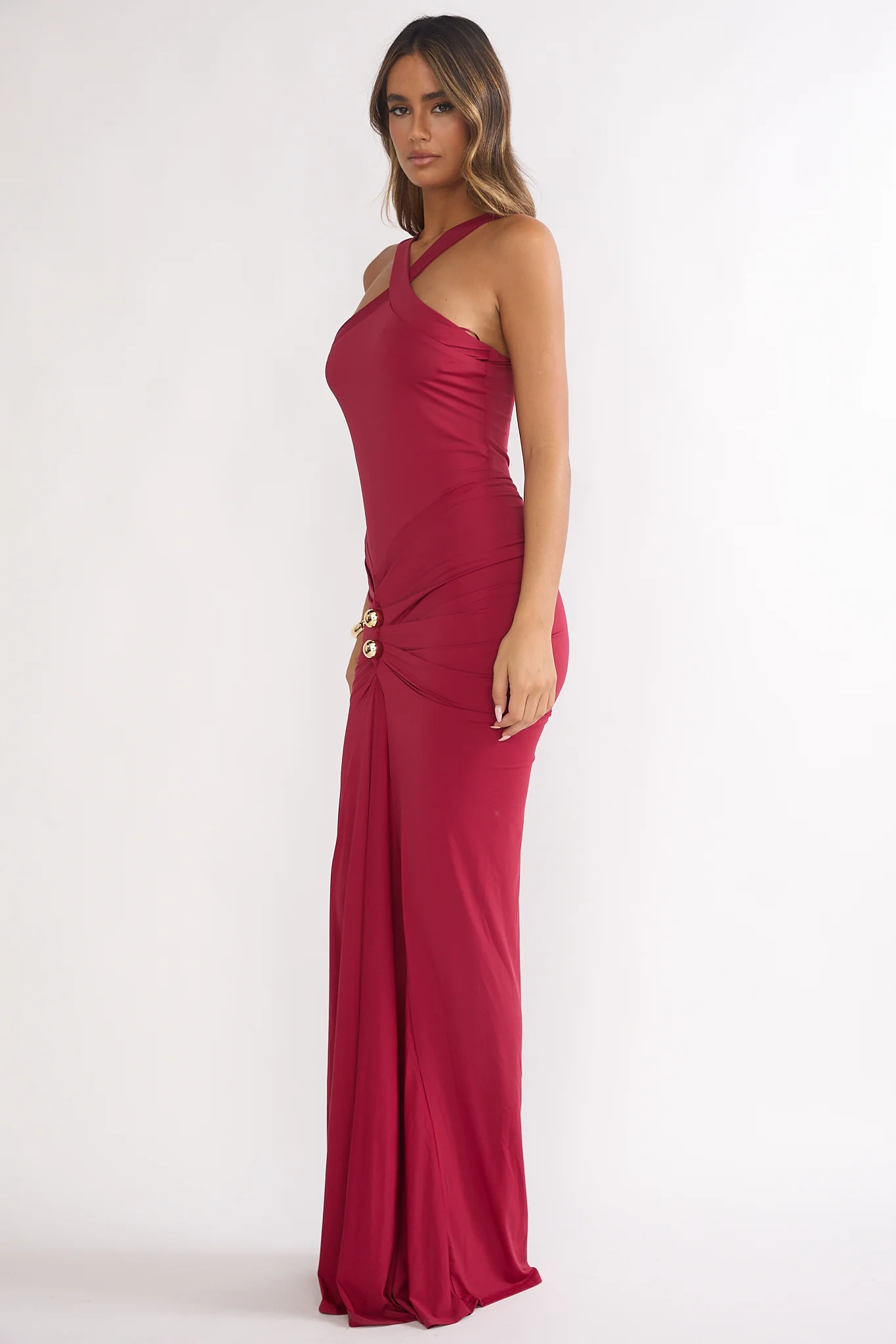 Delaina Ruched Waist Gold Accent Maxi Dress Wine - Online Dress Boutique